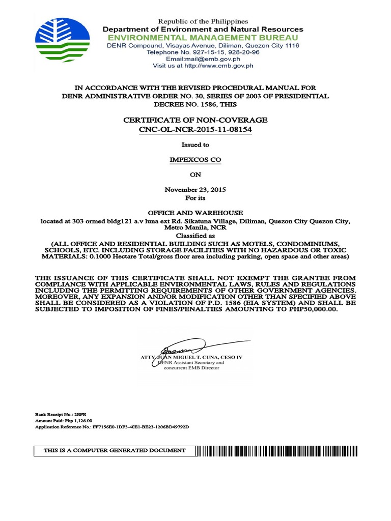 DENR Certificate of Non-Coverage for Impexcos | PDF | Technology ...