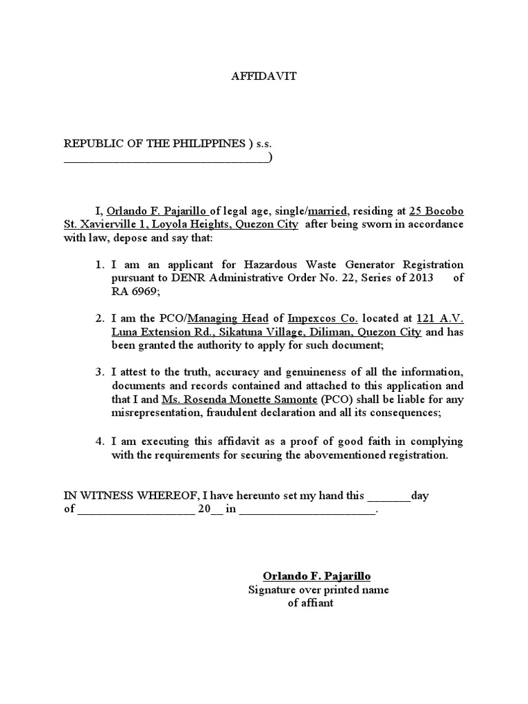 Template For HW Generator Affidavit | PDF