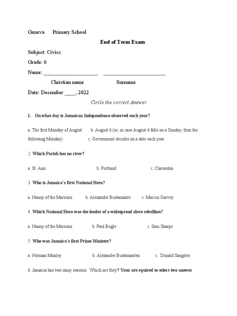 Grade 6 Civics | PDF | Jamaica
