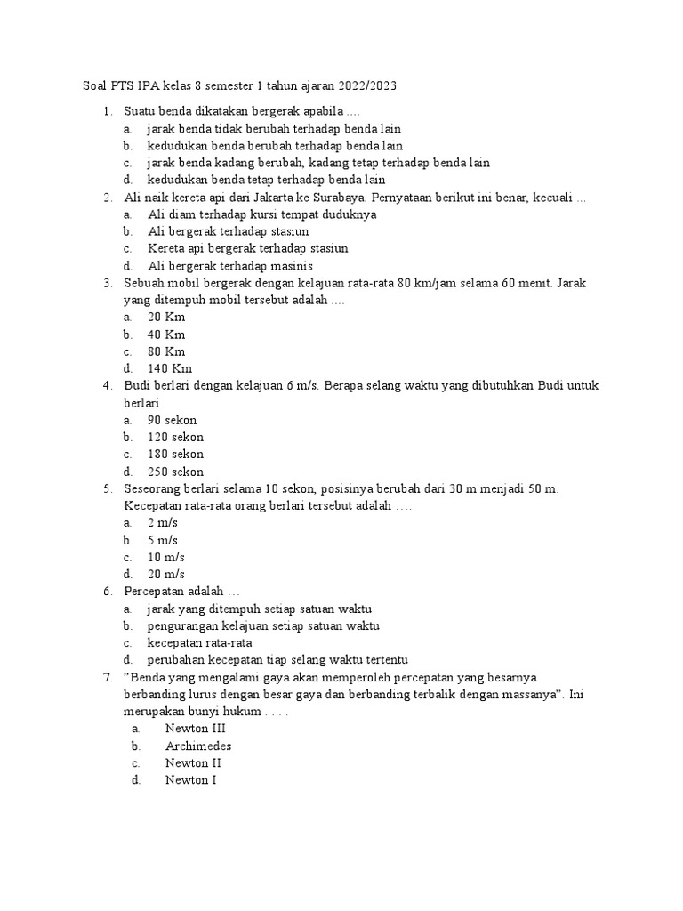 Soal PTS IPA Kelas 8 Semester 1 Tahun Ajaran 2022 | PDF