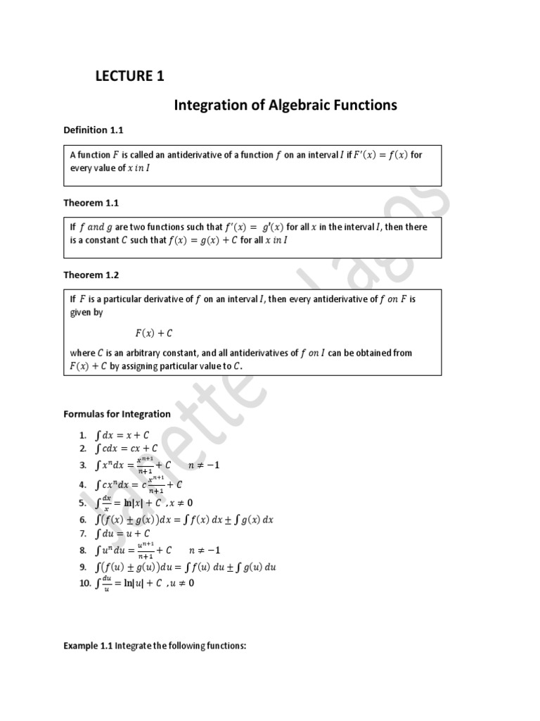 Lecture 1 Integration of Algebraic Function | PDF | Integral | Function (Mathematics)