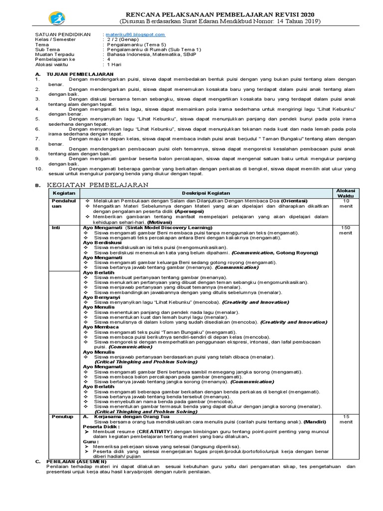 [materiku86.blogspot.com] RPP Kelas 2 Tema 5 Subtema 1 Pembelajaran 4 K13 Revisi 2020 | PDF