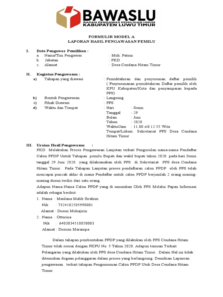 Form A Pengusulan Nama-Nama Pendaftarcalon PPDP Desa Cendana Hitam ...
