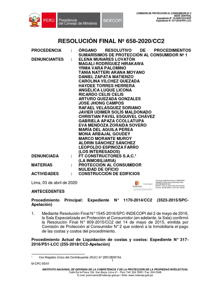 RESOLUCIÓN FINAL #658-2020/CC2: 1 M-CPC-05/01 Con Registro Único Del Contribuyente (RUC ...