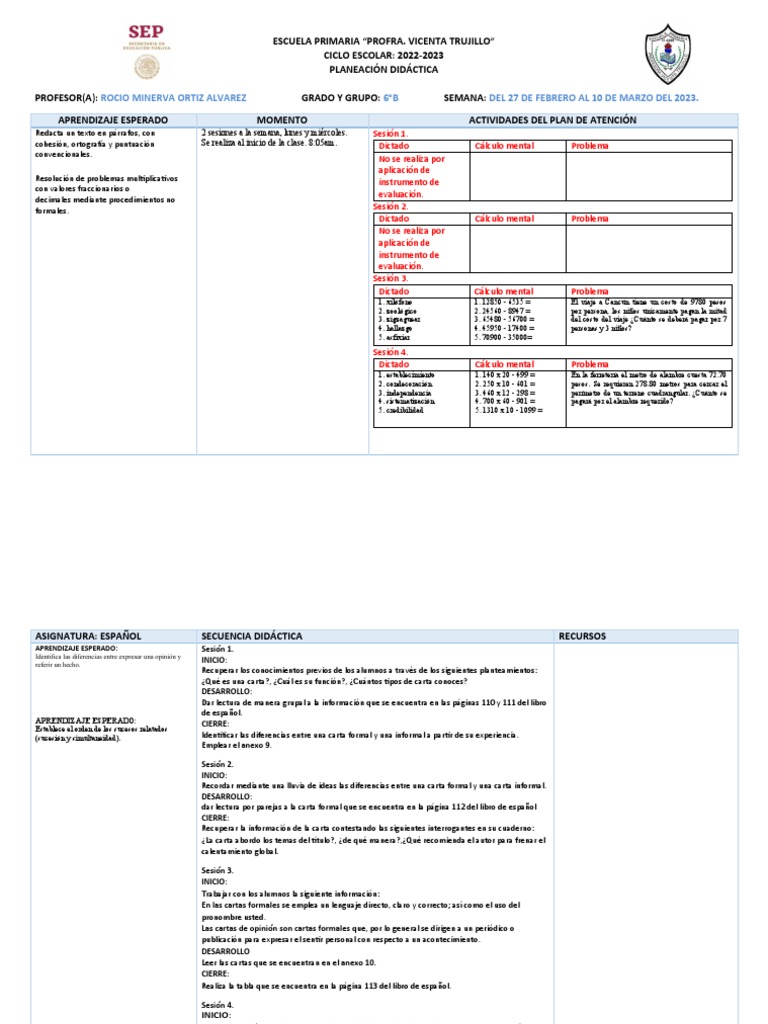 Planificación didáctica para el desarrollo de aprendizajes esperados en ...