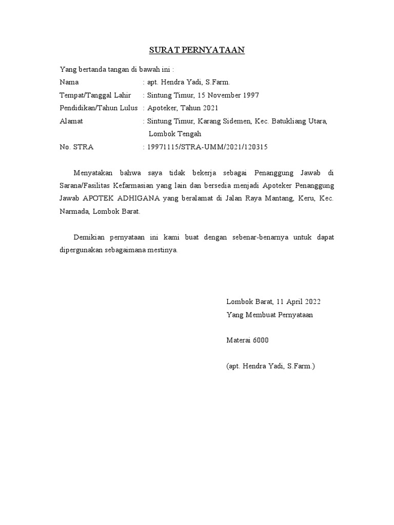 SURAT PERNYATAAN tidak bekerja di tempat lain | PDF