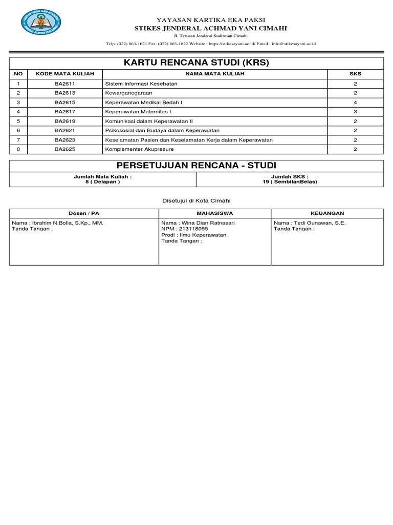 Kartu Rencana Studi (KRS) : Stikes Jenderal Achmad Yani Cimahi | PDF