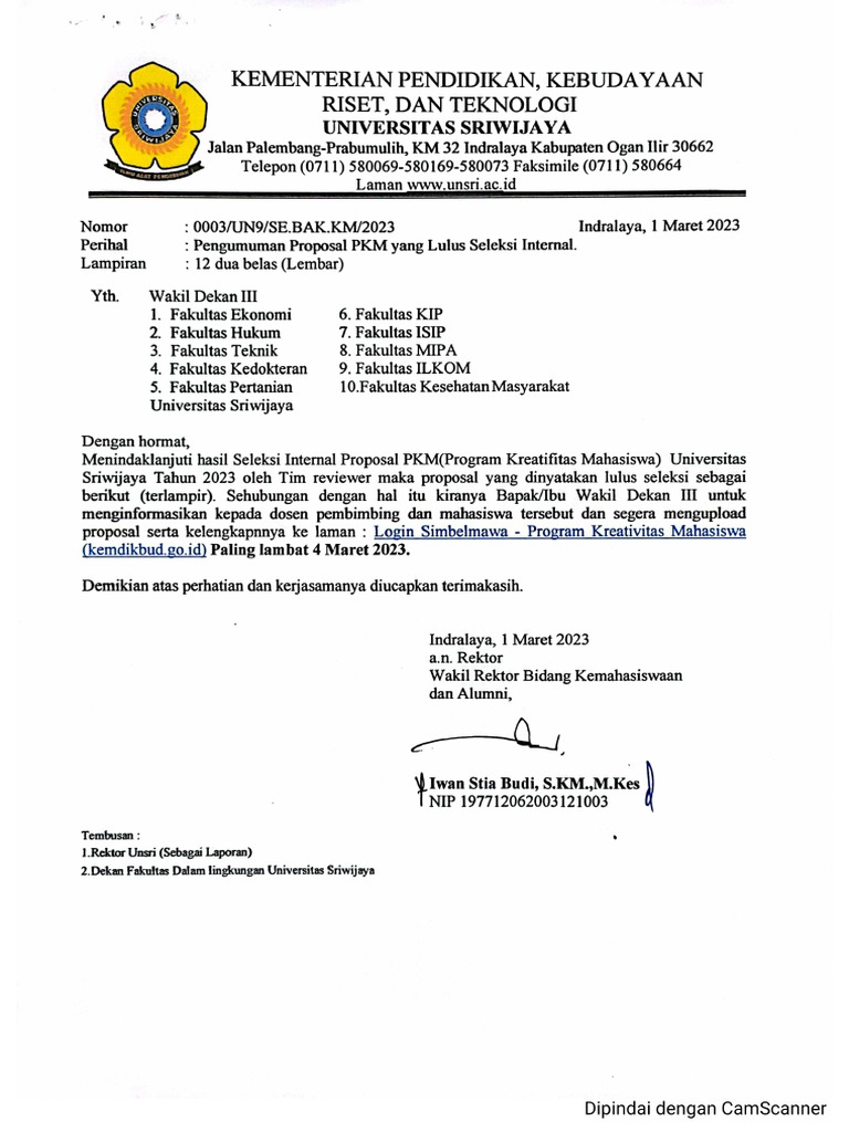 SK Pemberitahuan Proposal PKM 2023 | PDF