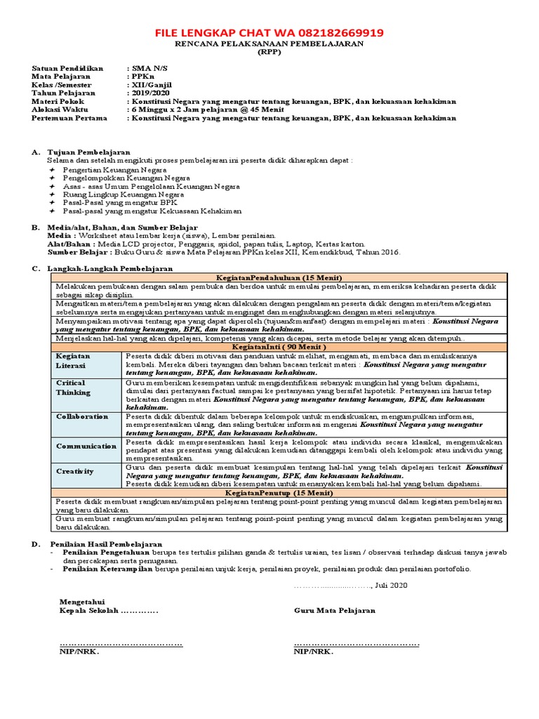 Contoh RPP 1 Lembar PPKN Kelas 12 | PDF