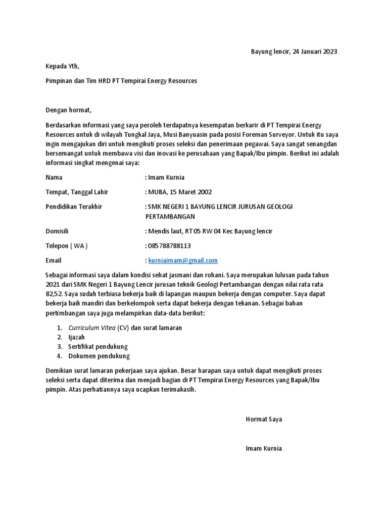 Surat Lamaran Imam | PDF