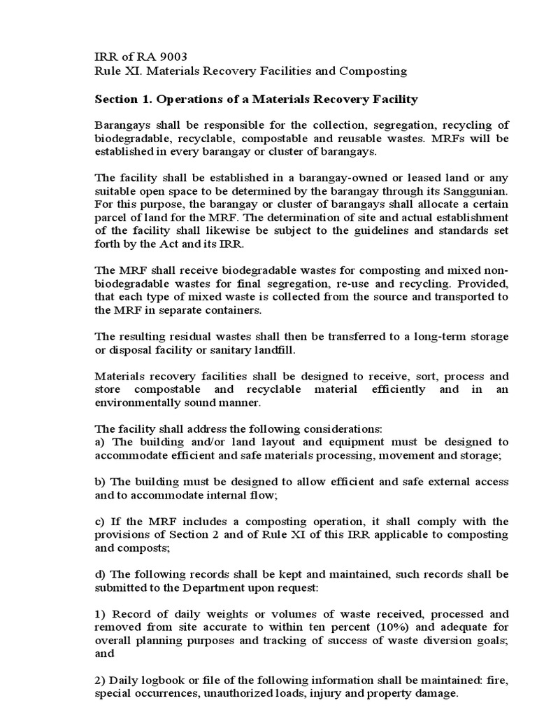 IRR of RA 9003 (Excerpt Rule XI Section 1) | PDF