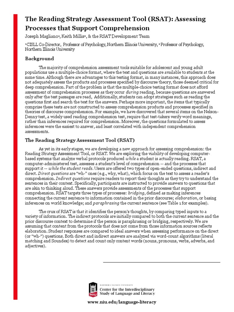 The Reading Strategy Assessment Tool Rsat | PDF | Reading Comprehension ...