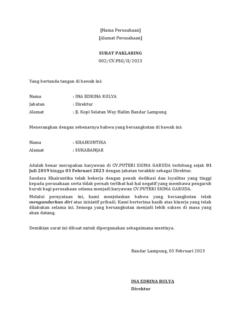 Contoh Surat Paklaring | PDF