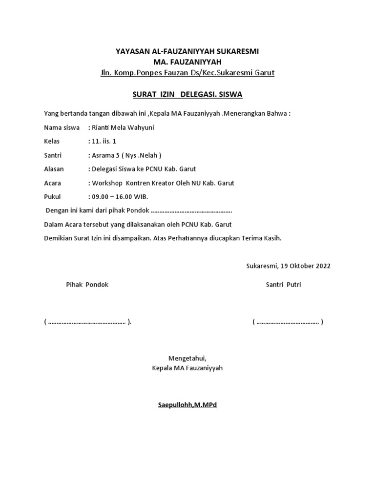 Surat Izin Ke Pondok | PDF