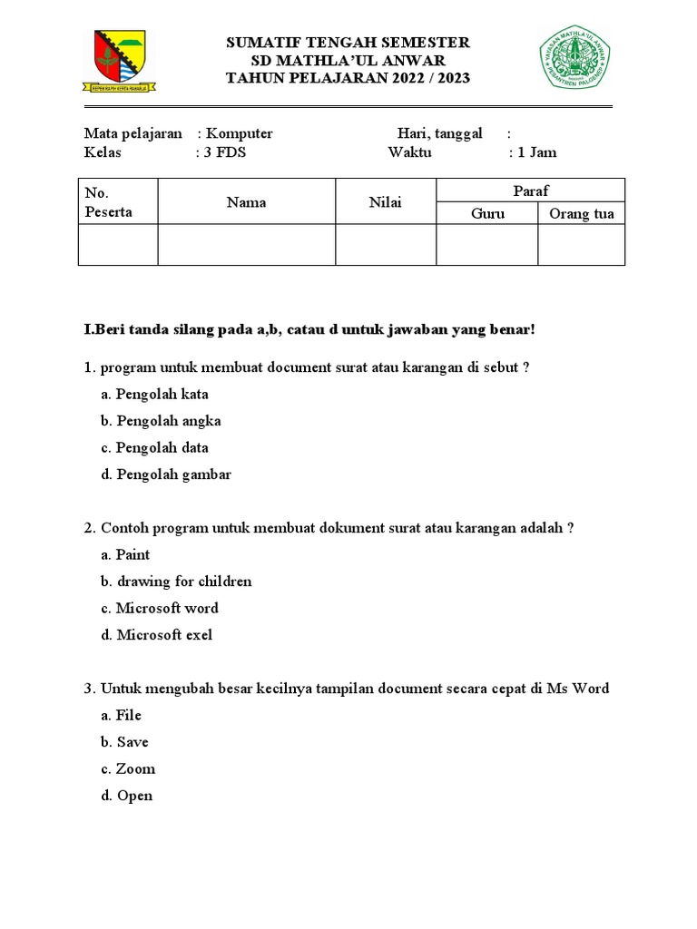 Soal Pts Tik Kelas 3 SD | PDF
