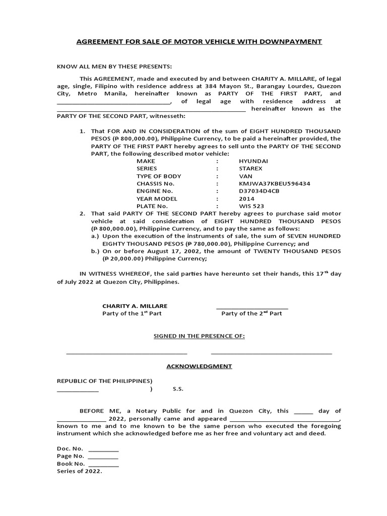 Agreement For Sale of Motor Vehicle With Downpayment - Starex | PDF ...
