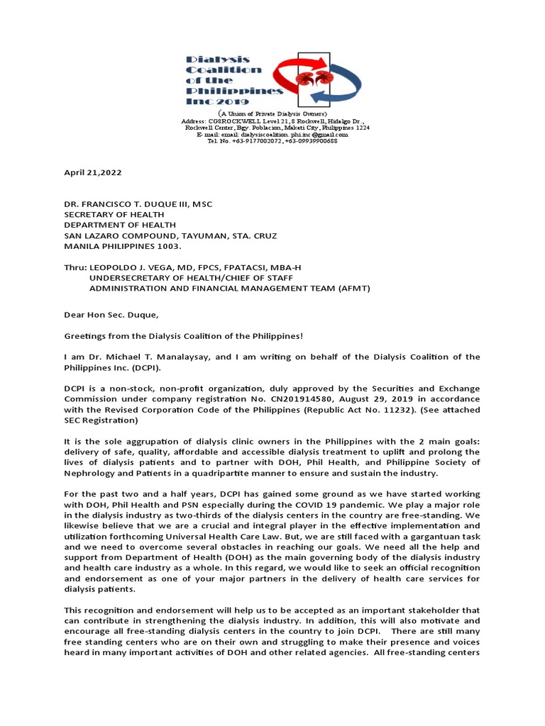 Letter For DOH Pertaining To Recognition of DCPI | PDF | Medicine ...