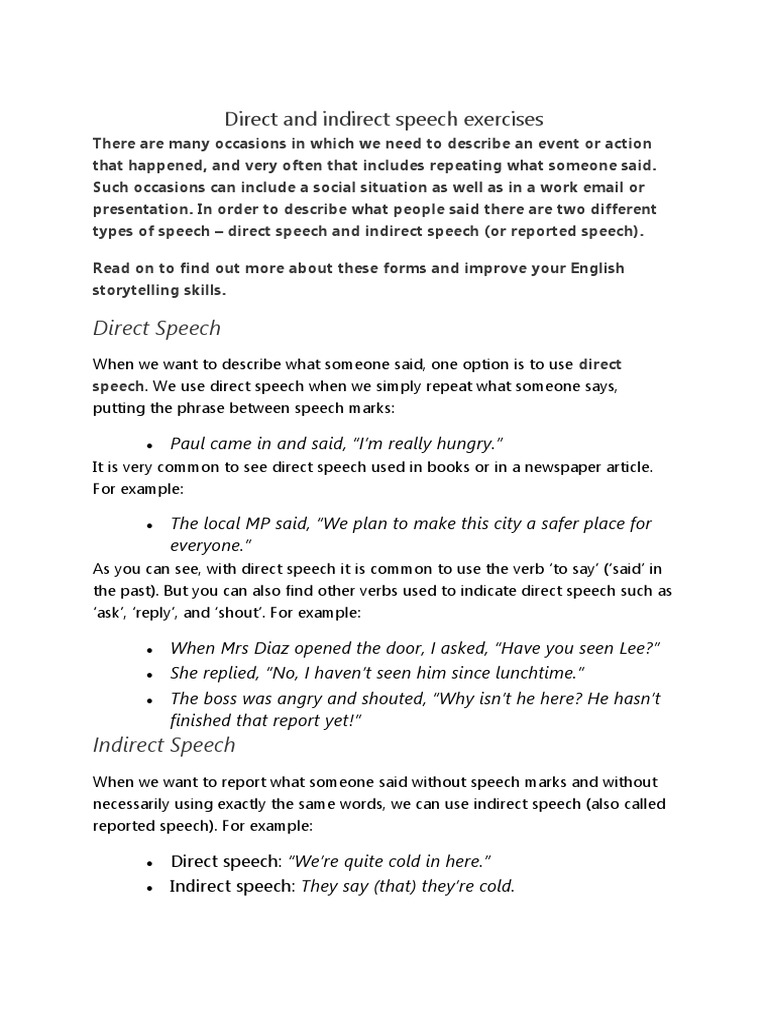 Direct and Indirect Speech Exercises | PDF | Question | Verb