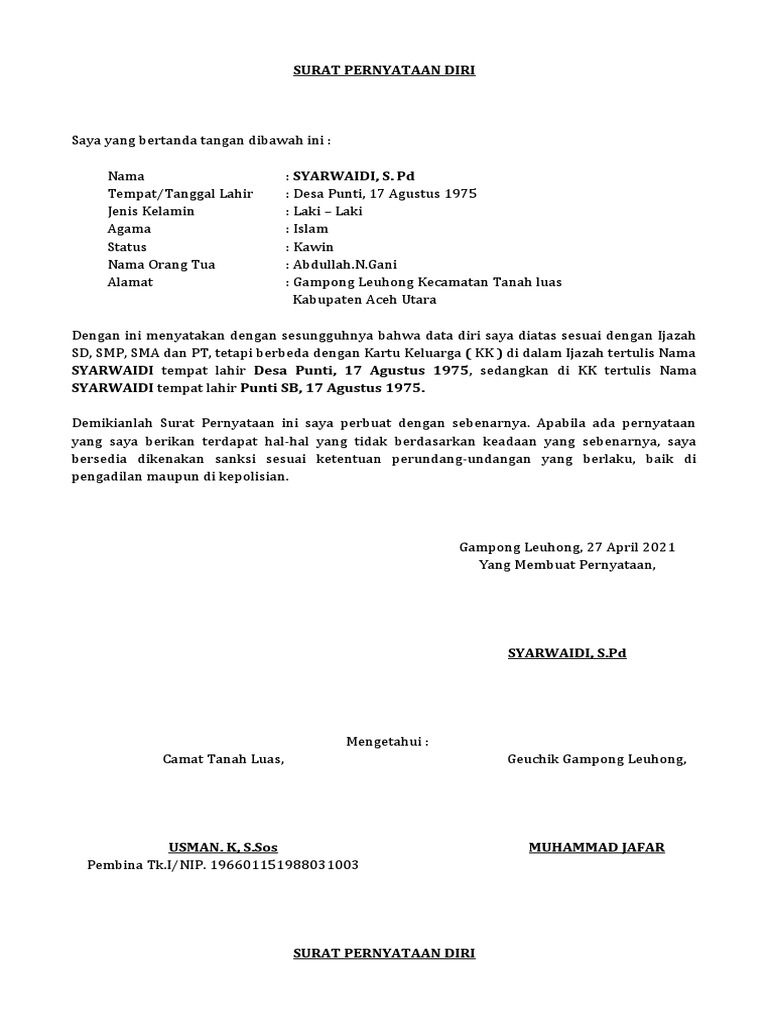 SURAT PERNYATAAN DIRI | PDF