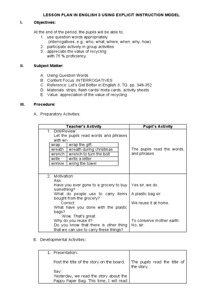 Lesson Plan in English 3 2 Using Explicit Teaching Strategy | PDF ...