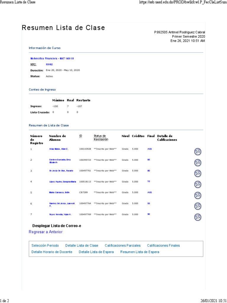 Calificaciones 2020 (1) - Mat-140. Secc-09 .Antmel R.C | PDF