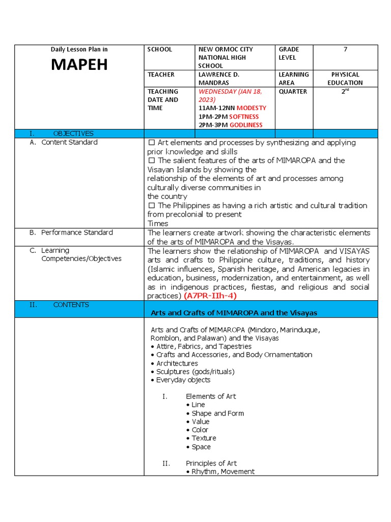 Daily Lesson Plan in ARTS 7 2nd Quarter (12-14-22) | PDF | Teachers ...