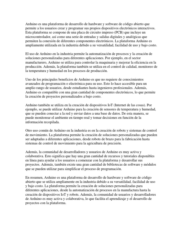 Arduino Es Una Plataforma de Desarrollo de Hardware y Software de Código Abierto Que Permite A ...