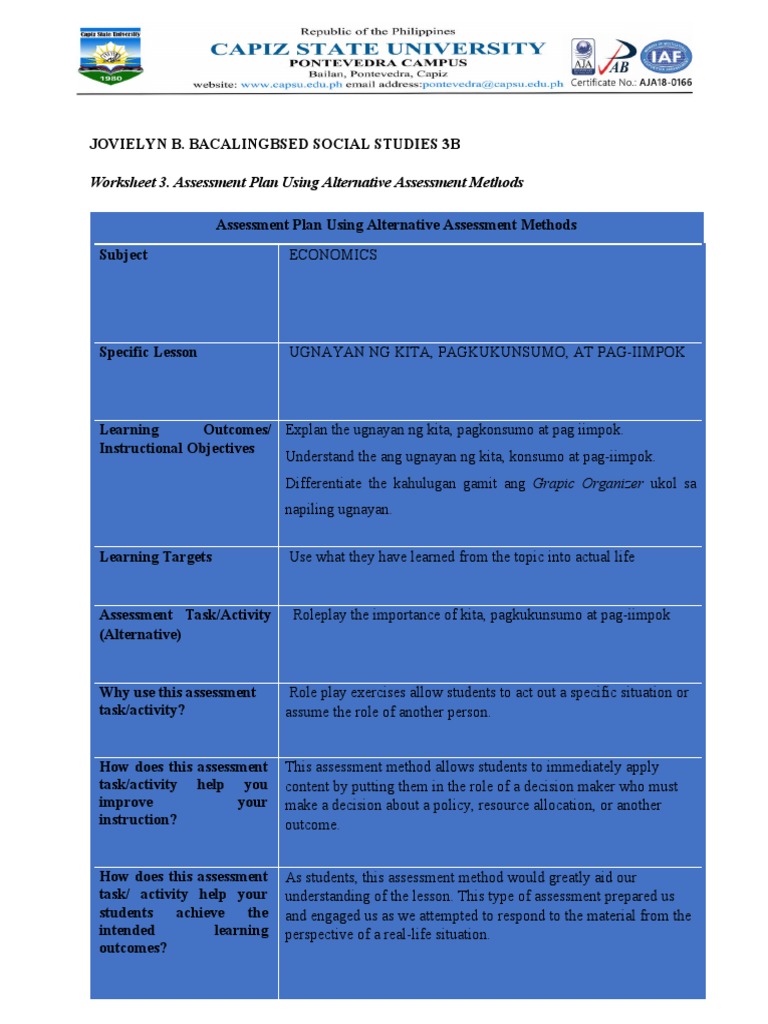 Worksheet 3. Assessment Plan Using Alternative Assessment Methods | PDF