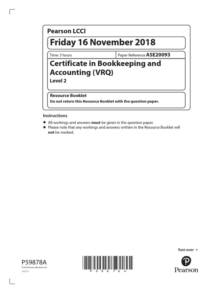 LCCI Level 2 Certificate in Bookkeeping and Accounting ASE20093 RB Nov 2018 | PDF | Bookkeeping ...