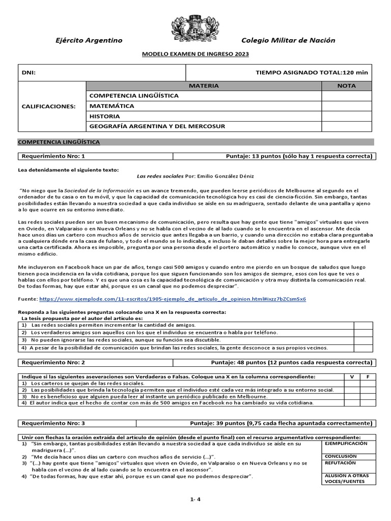 IngresoCMN2023 Armas - Modelo de Examenes | PDF