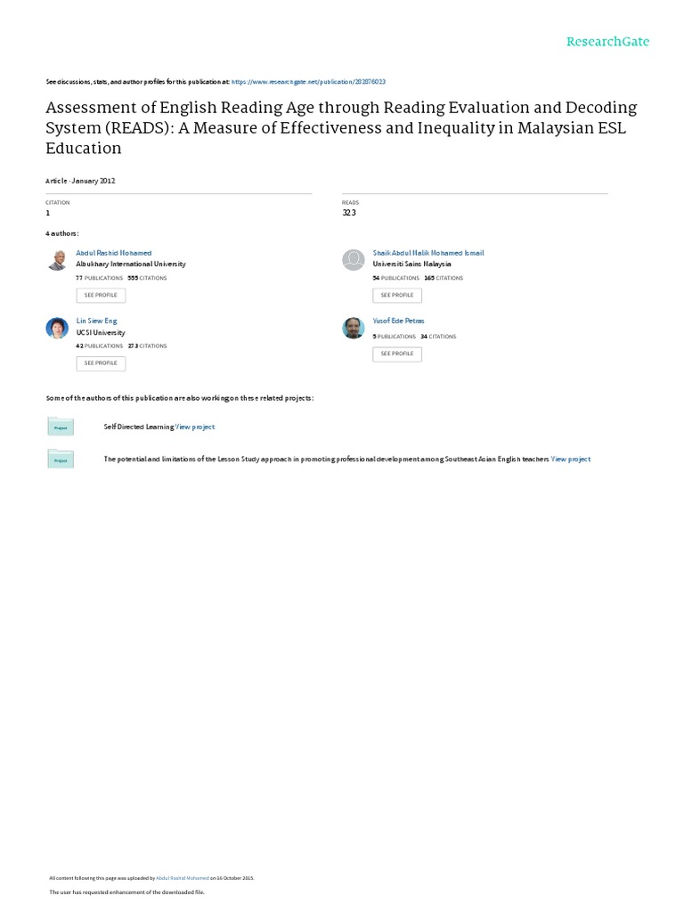 Assessment of English Reading Age Through Reading Evaluation and Decoding System (READS) - A ...