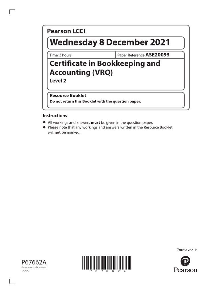 p67662 Lcci Level 2 Certificate in Bookkeeping and Accounting Ase20093 ...