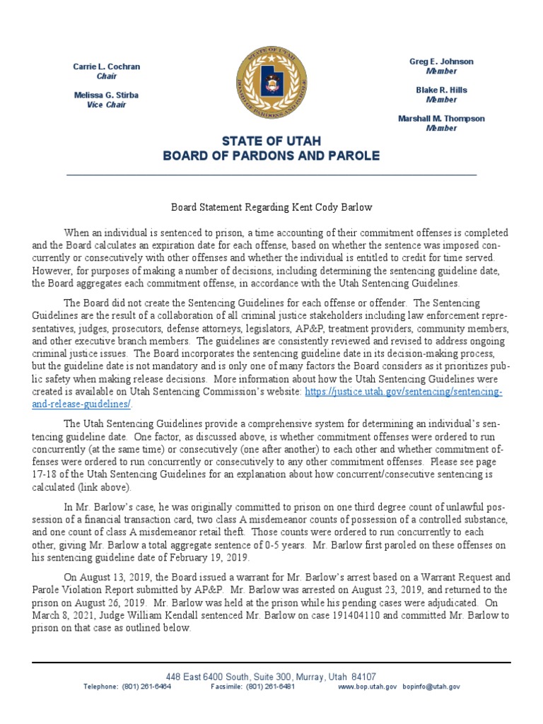 State of Utah Board of Pardons and Parole Statement | PDF | United ...