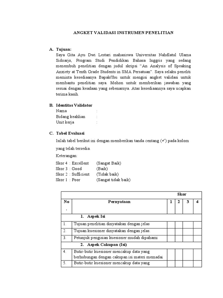 Lembar Validasi Angket Penelitian | PDF