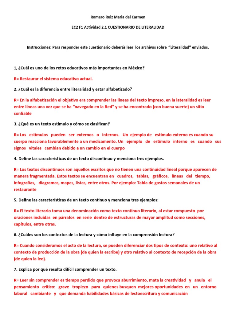 Definición y Características de Literalidad | PDF | Comprensión lectora ...