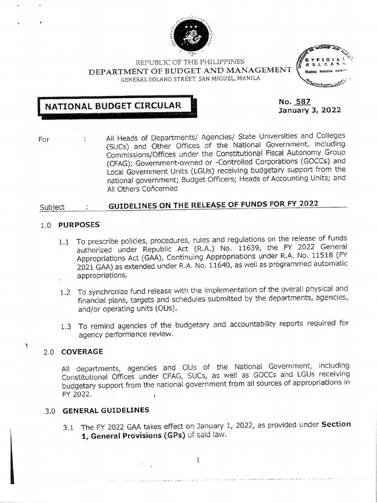 National Budget Circular No. 587 January 3 2022 | PDF