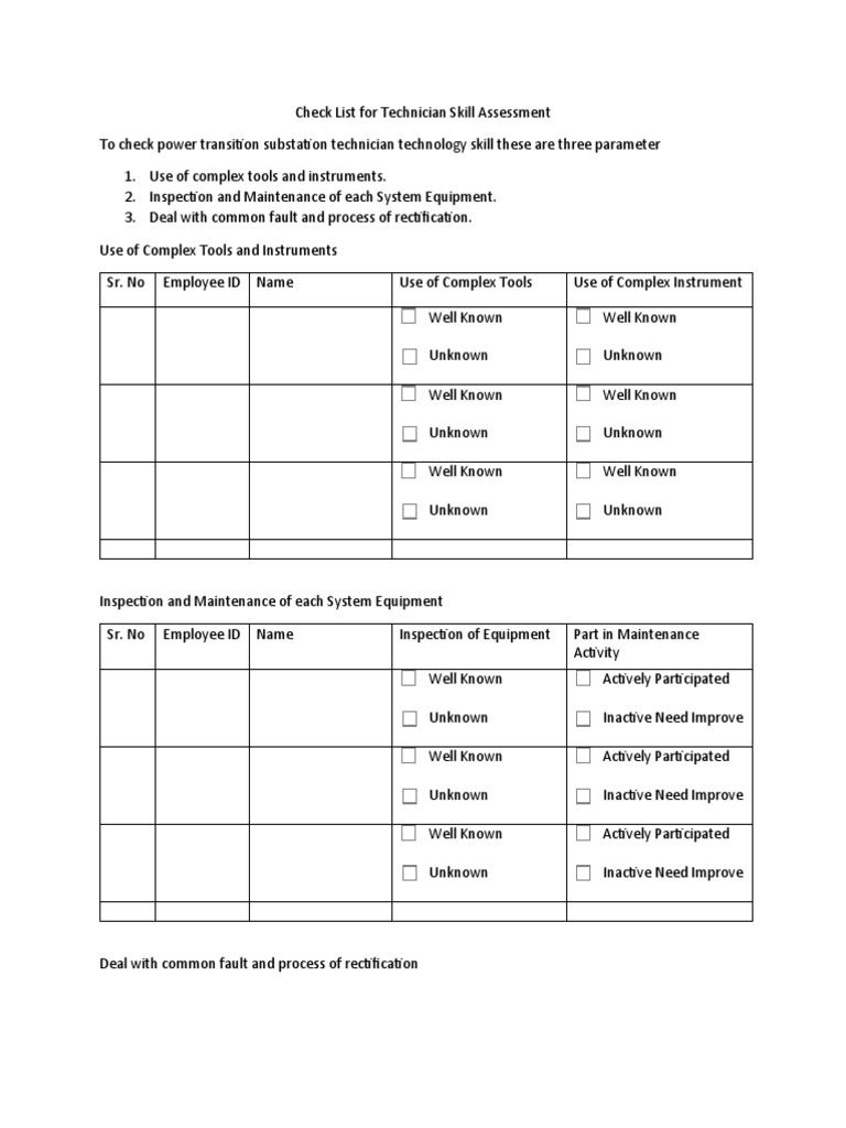 Check List For Technician Skill Assessment | PDF