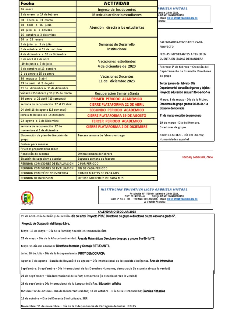 Calendario 2023 Jornada Diurna | PDF