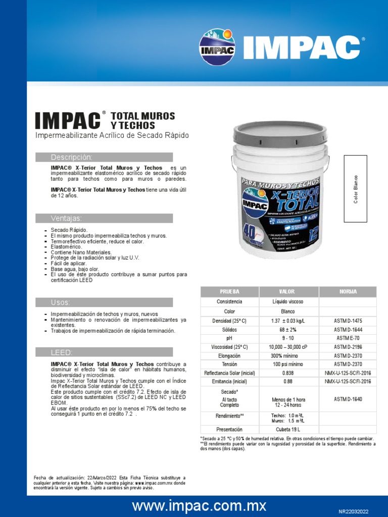 Impac X Terior Total Techos y Muros | PDF | Física Aplicada e ...