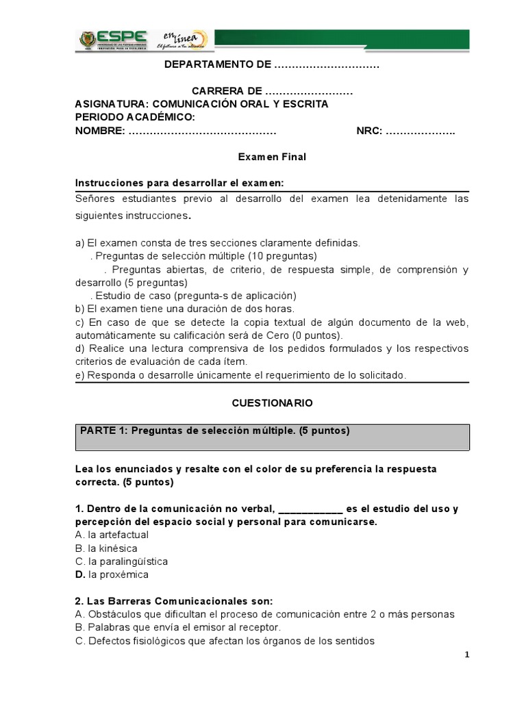 Coe Examen Final Forma 1a | PDF | Comunicación | Oración (Lingüística)