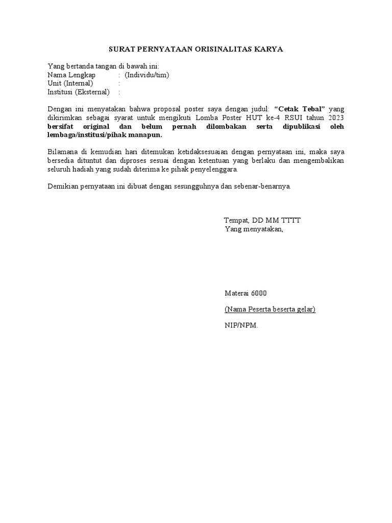 Surat Pernyataan Orisinalitas Karya | PDF