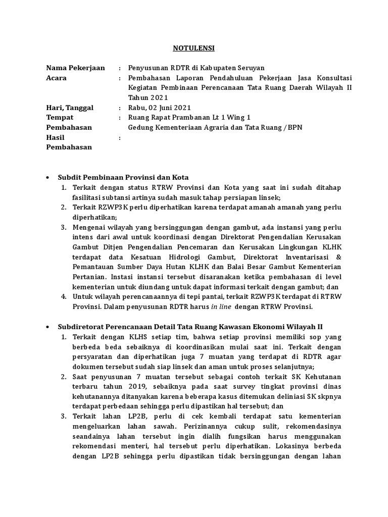 Notulensi Ekspose Laporan Pendahuluan 02 Juni 2021 | PDF