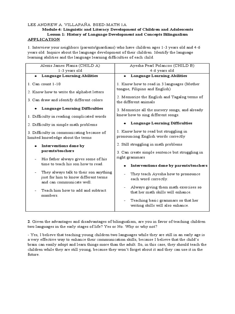 Villapana, Lee Andrew A. Educ 111 Module 4 | PDF | Language Development | Literacy