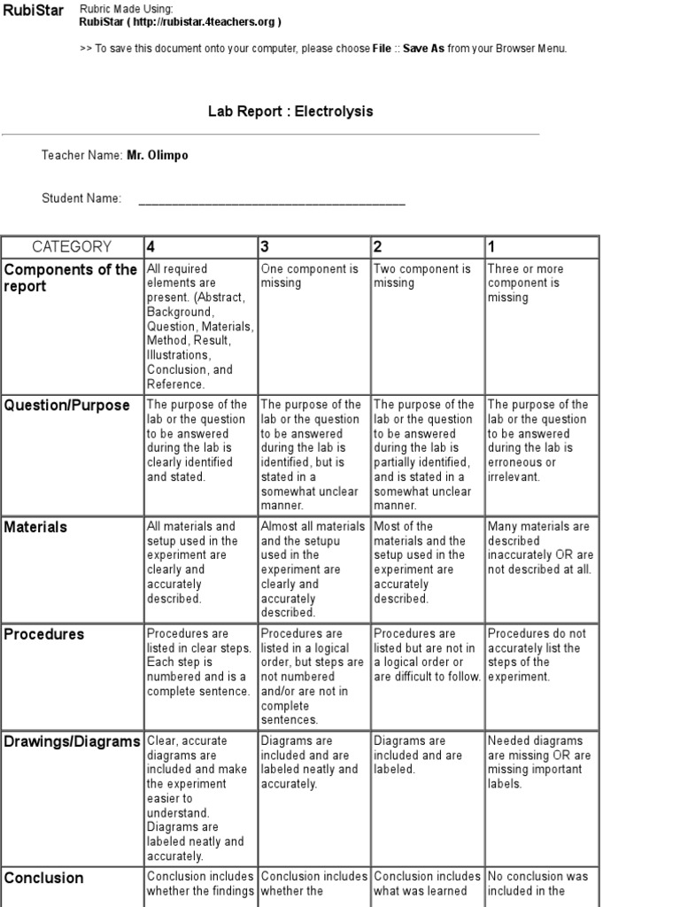 Your Rubric - Lab Report - Electrolysis | PDF | Experiment | Question