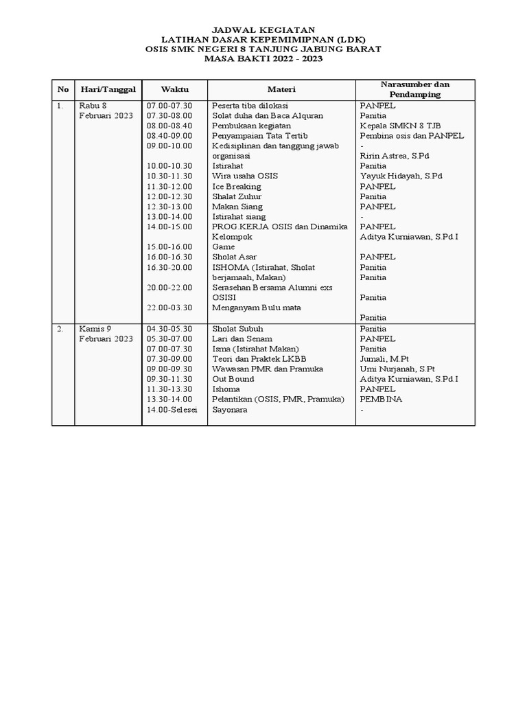 Jadwal Kegiatan LDK 2023 | PDF