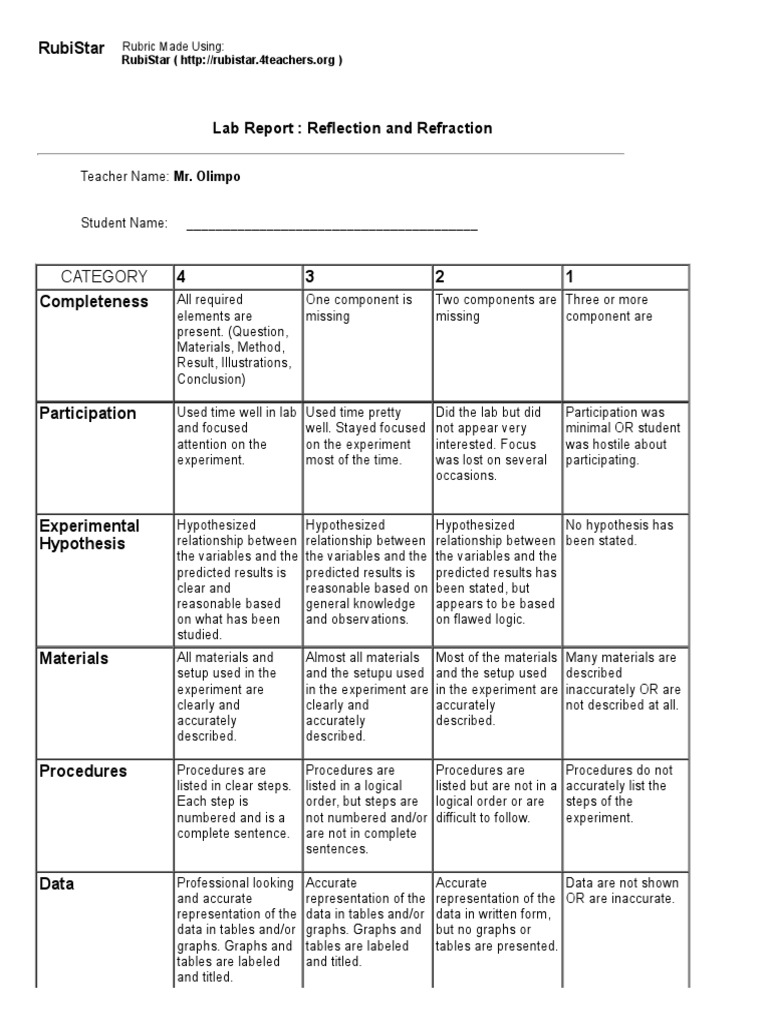 Rubrics 2-Reflection and Refraction | PDF | Experiment | Hypothesis