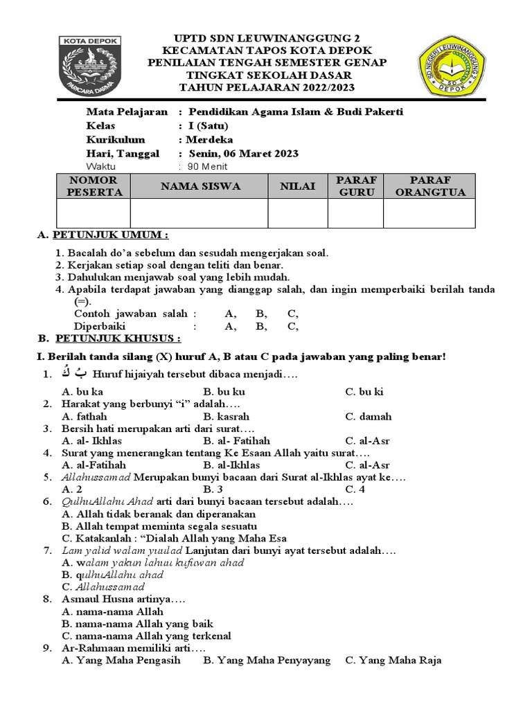 Soal Pts Pai Kelas 1 Kurmer | PDF