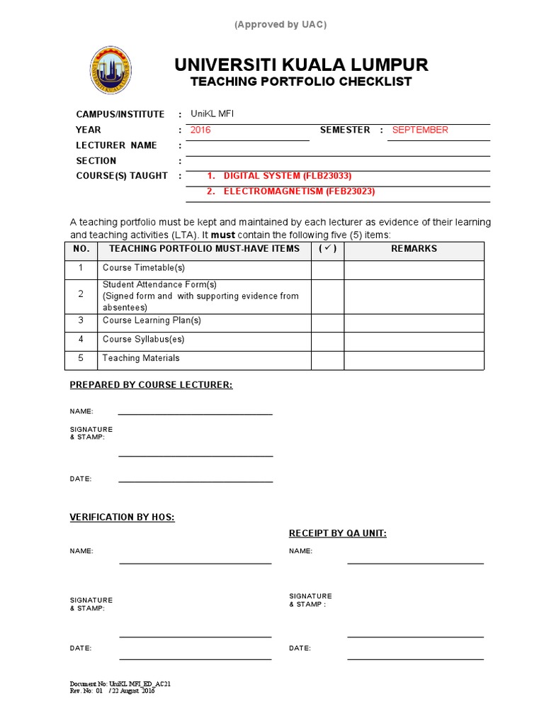 UniKL MFI - ED - AC21 (01) Teaching Portfolio Checklist | PDF
