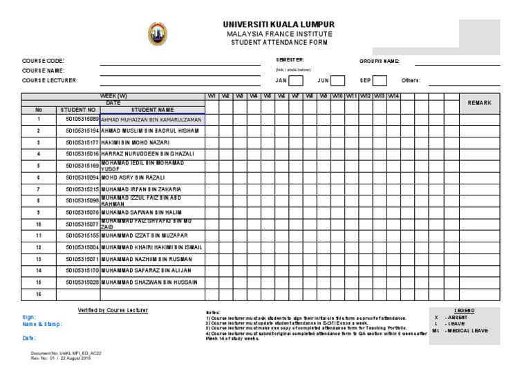 UniKL MFI - ED - AC22 (01) Attendance Form | PDF