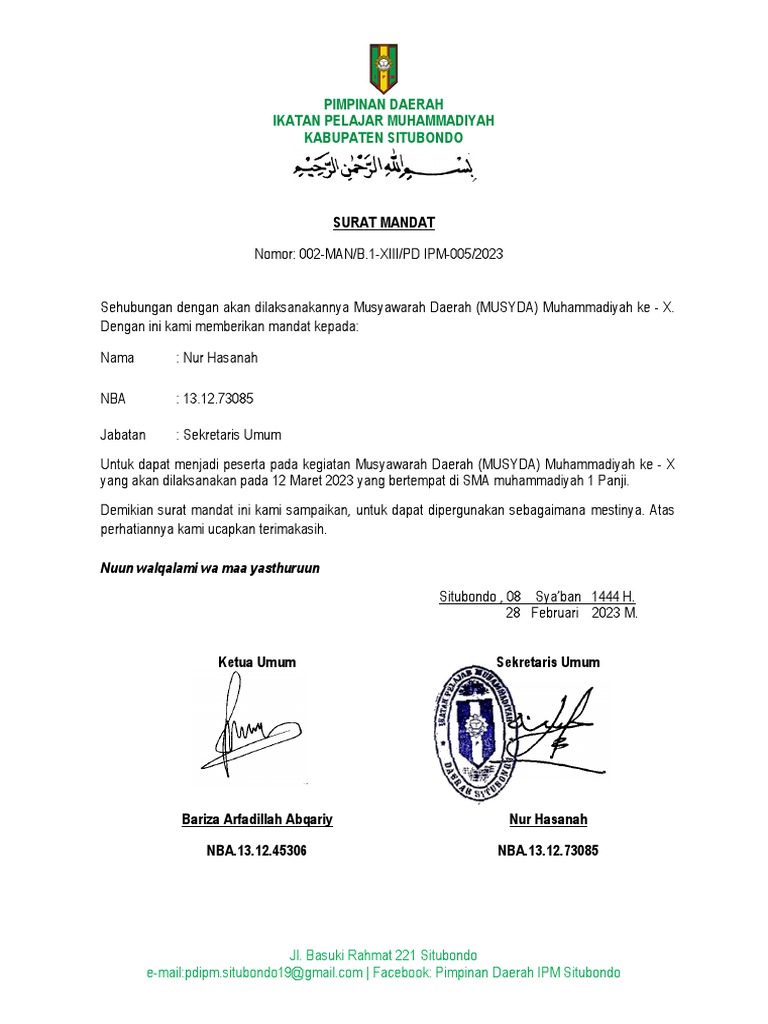 Surat Mandat MUSYDA IPM Situbondo | PDF